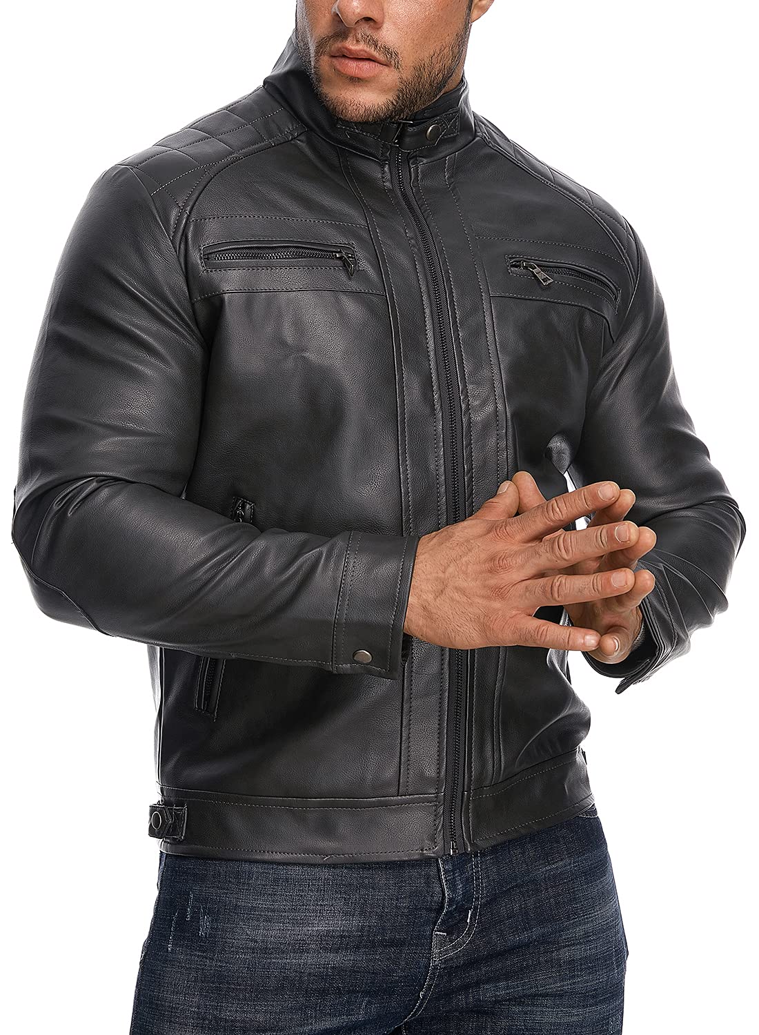 HOOD CREW Men’s Stand Collar Leather Jacket Casual Faux Leather Motorcycle Jacket Outerwear Coat with Zipper Pockets Black XXL