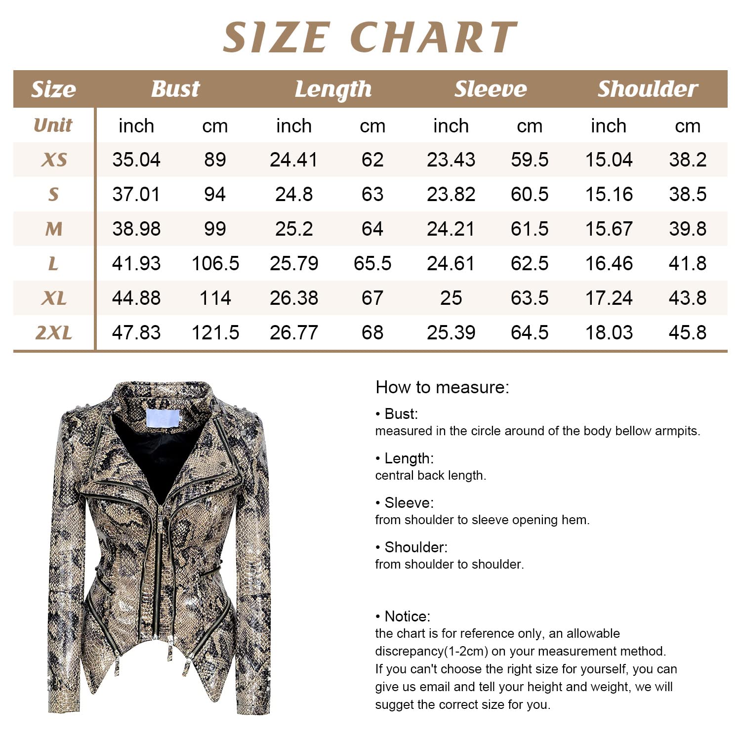 chouyatou Women's Fashion Snake Pattern Print Studded Moto Pu Leather Biker Jacket (X-Small, Black)