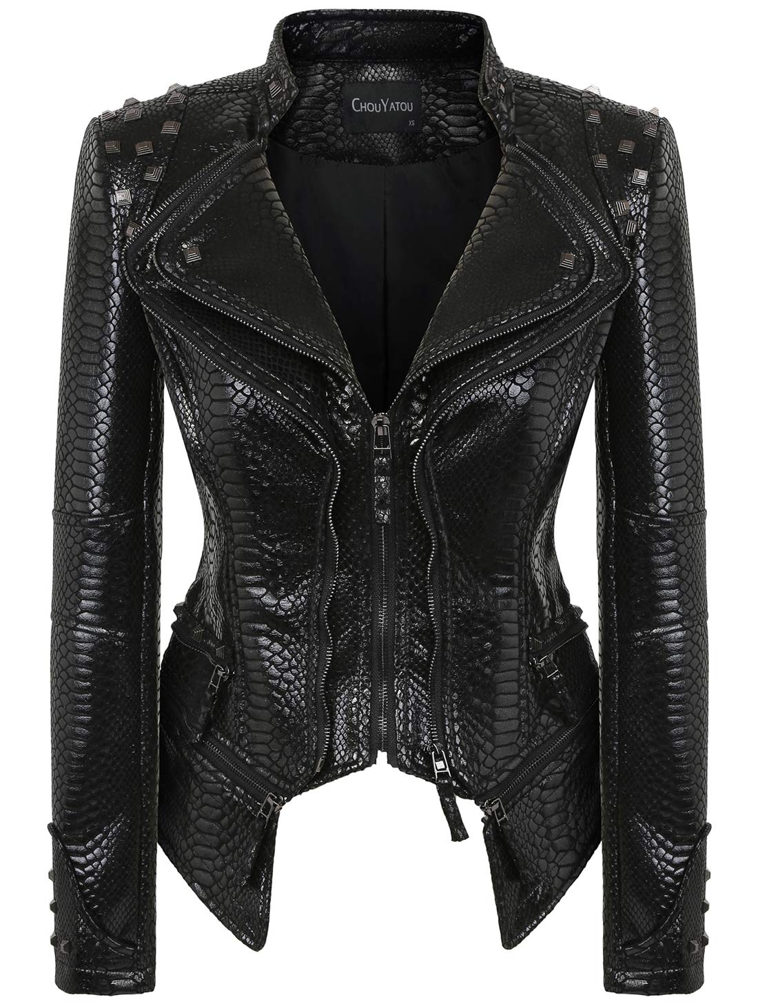 chouyatou Women's Fashion Snake Pattern Print Studded Moto Pu Leather Biker Jacket (X-Small, Black)