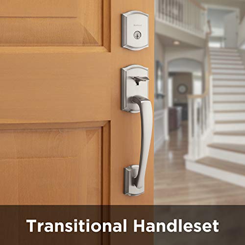 Kwikset 98180-021 Prescott Single Cylinder Front Door Handleset with Tustin Lever Featuring SmartKey Security and Microban Antimicrobial Protection in Satin Nickel