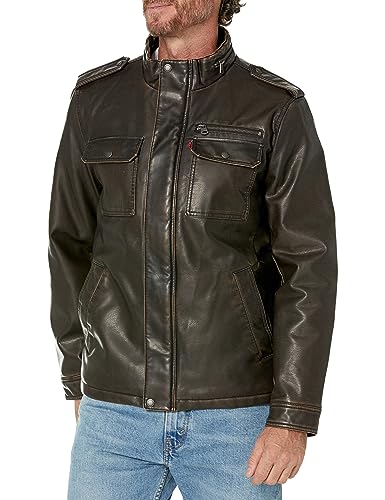Levi's Men's Vintage Deer Faux Leather Sherpa Military Jacket Big & Tall, Dark Brown
