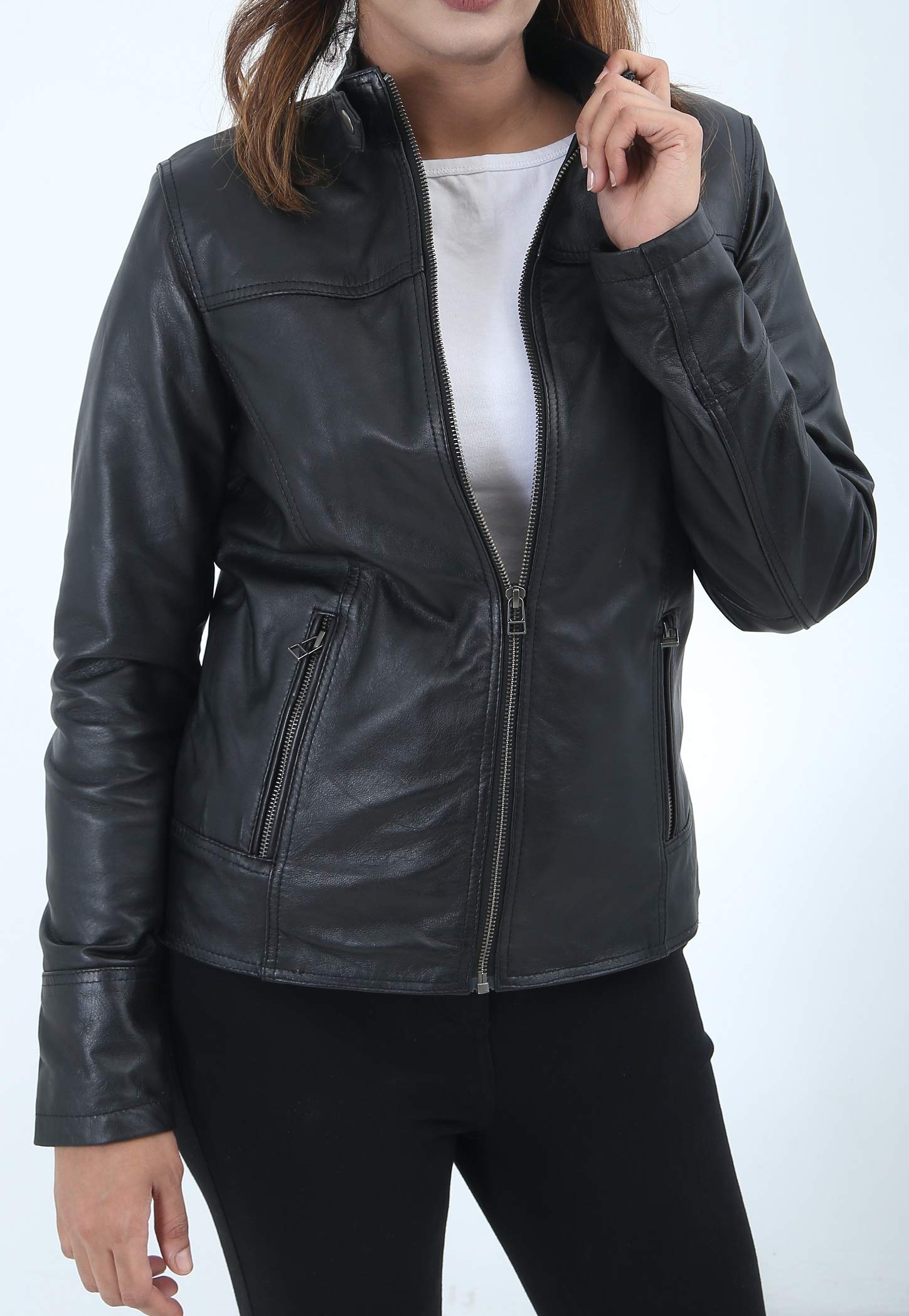 Price Right Women Genuine Lambskin Leather Slim Fit Cafe Racer Black Jacket Biker Coat (Black, Large)