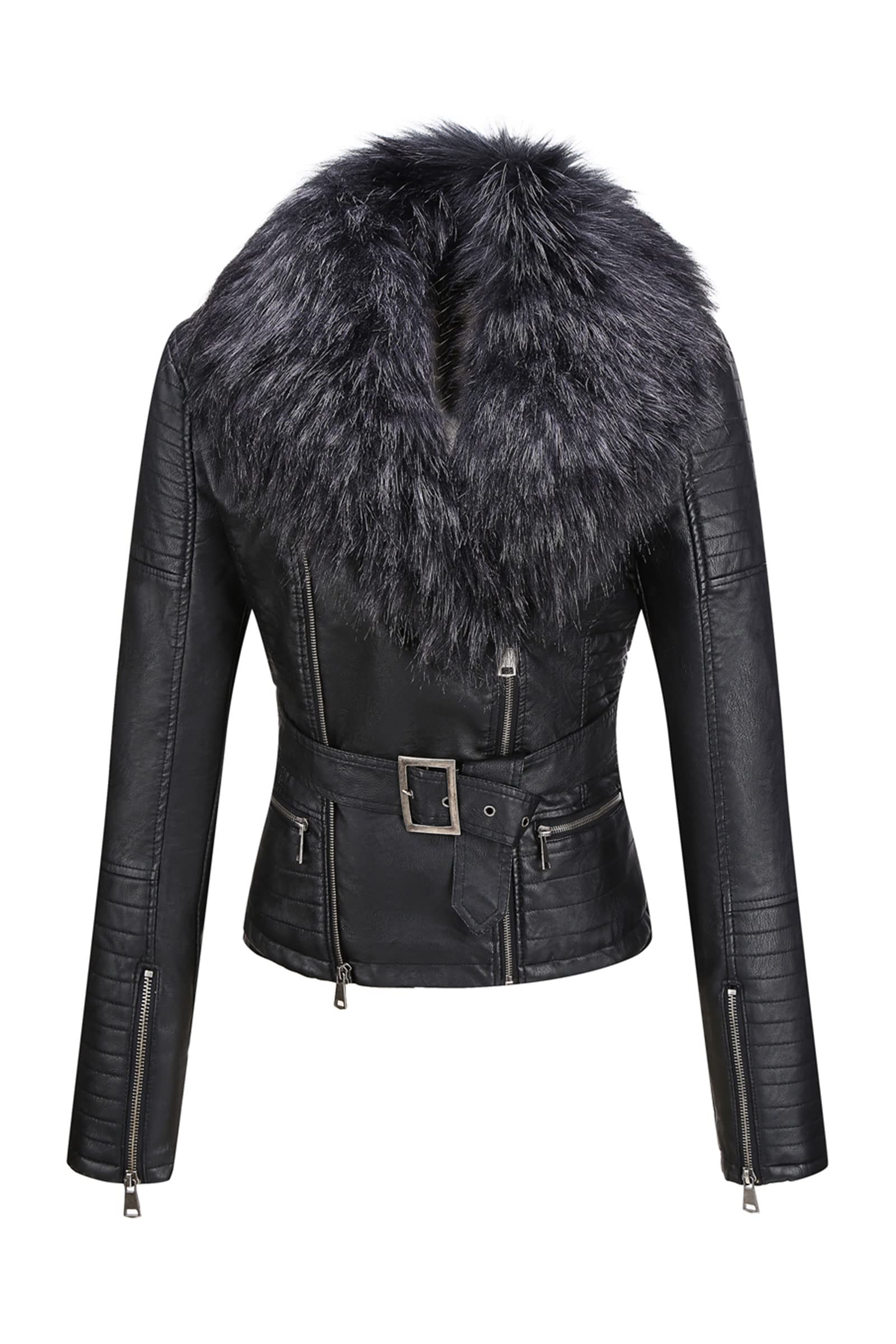 Bellivera Women's Faux Leather Short Jacket Moto Sherpa-Lined Belt Coat with Removable Fur Collar 9203 Black M