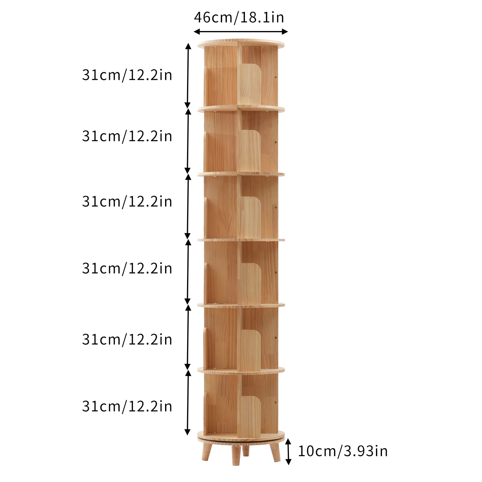 WOQLIBE Rotating Bookshelf Tower, 6 Tier Corner Storage Rack for Small Space, Round Bookshelf with Storage, Spinning Bookshelf Organizer, Narrow Book Shelf for Living Room, Office, Kids Room
