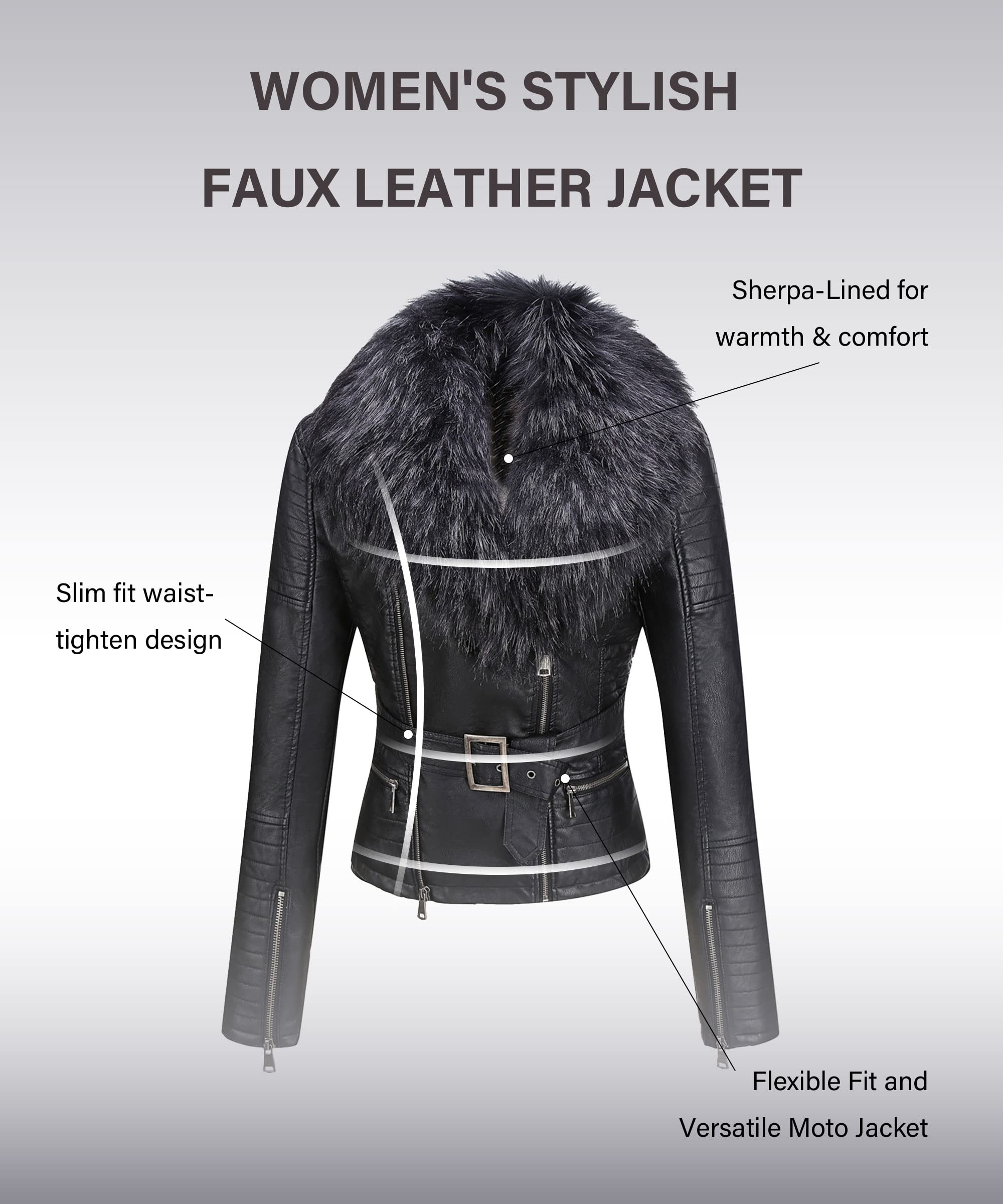 Bellivera Women's Faux Leather Short Jacket Moto Sherpa-Lined Belt Coat with Removable Fur Collar 9203 Black M