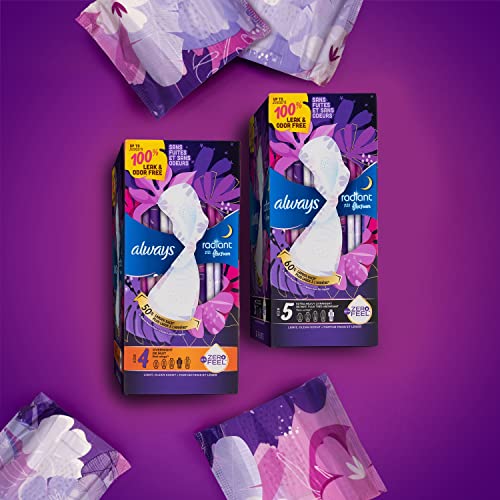 Always Radiant Feminine Pads For Women, Size 5 Extra Heavy Overnight Absorbency, Multipack, With Flexfoam, With Wings, Scented, 18 Count x 3 Packs (54 Count total)