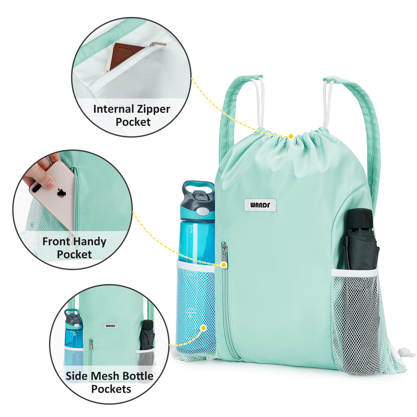 WANDF Drawstring Backpack with Shoulder Pad Sports Gym Backpack with Mesh Pocket String Bag for Women Men(Mint green)