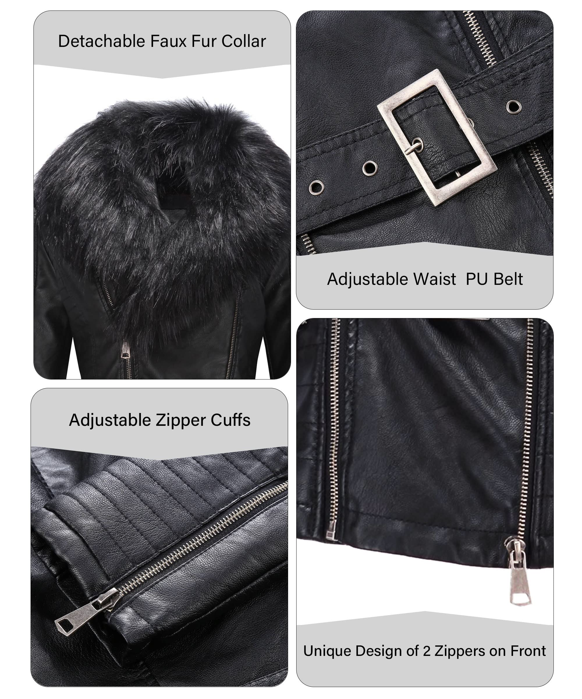 Bellivera Women's Faux Leather Short Jacket Moto Sherpa-Lined Belt Coat with Removable Fur Collar 9203 Black M