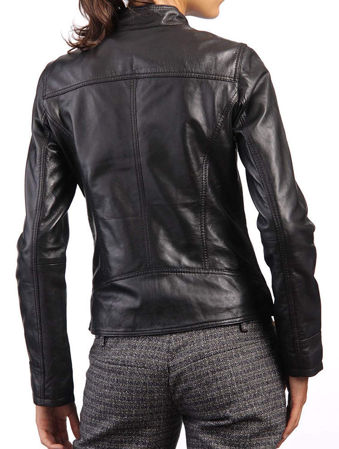 Price Right Women Genuine Lambskin Leather Slim Fit Cafe Racer Black Jacket Biker Coat (Black, Large)