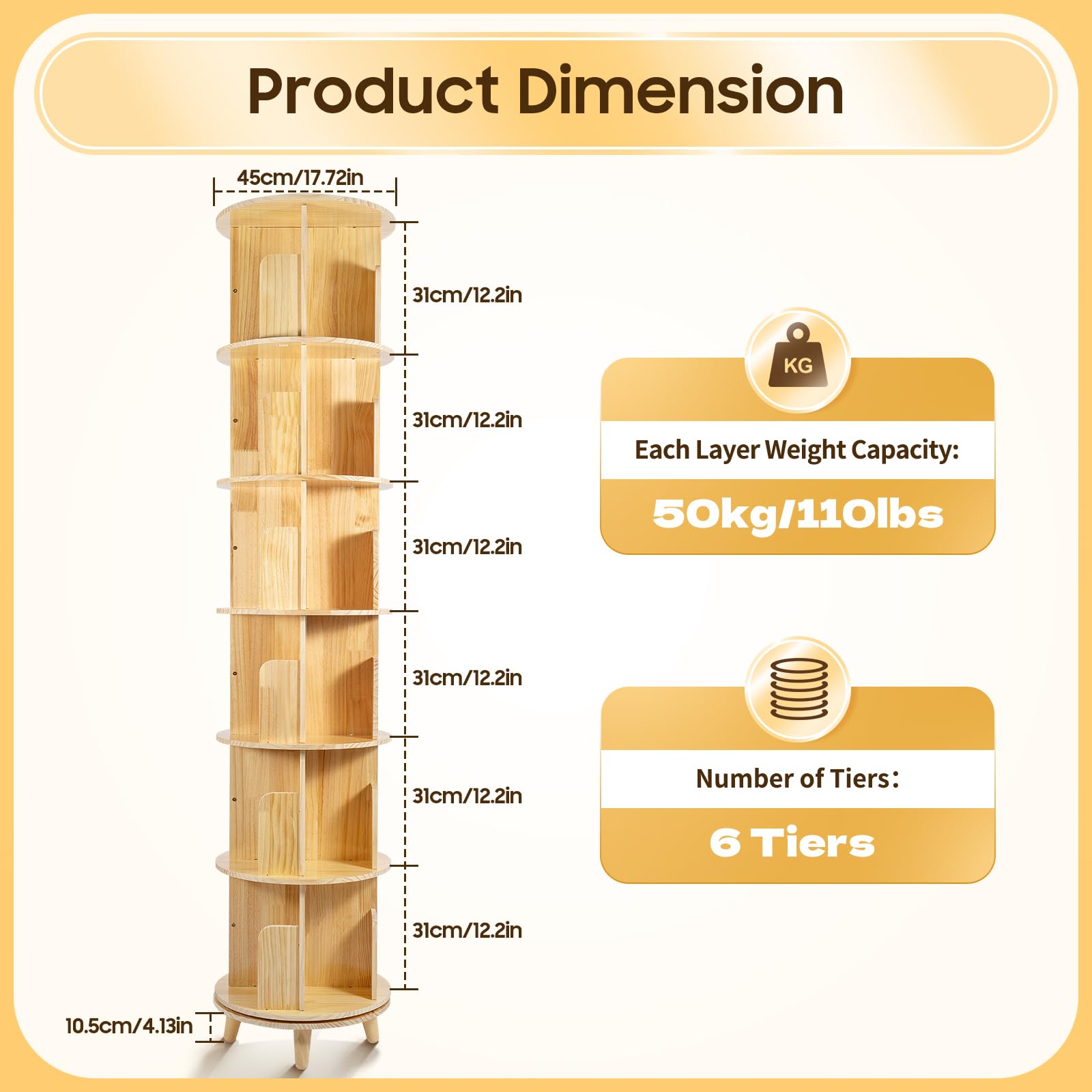 NOPTEG Rotating Bookshelf, 6 Tier Solid Wood 360 Display Floor Standing Bookcase Storage Rack, Free Standing Wood Bookcases for Kids&Adults Multi-Functional Bookshelf Organizer