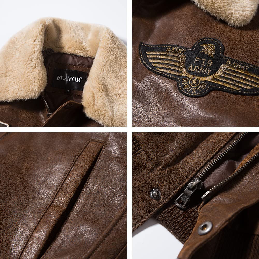 FLAVOR Men's Real Leather Bomber Jacket with Removable Fur Collar Aviator (Large, Brown)