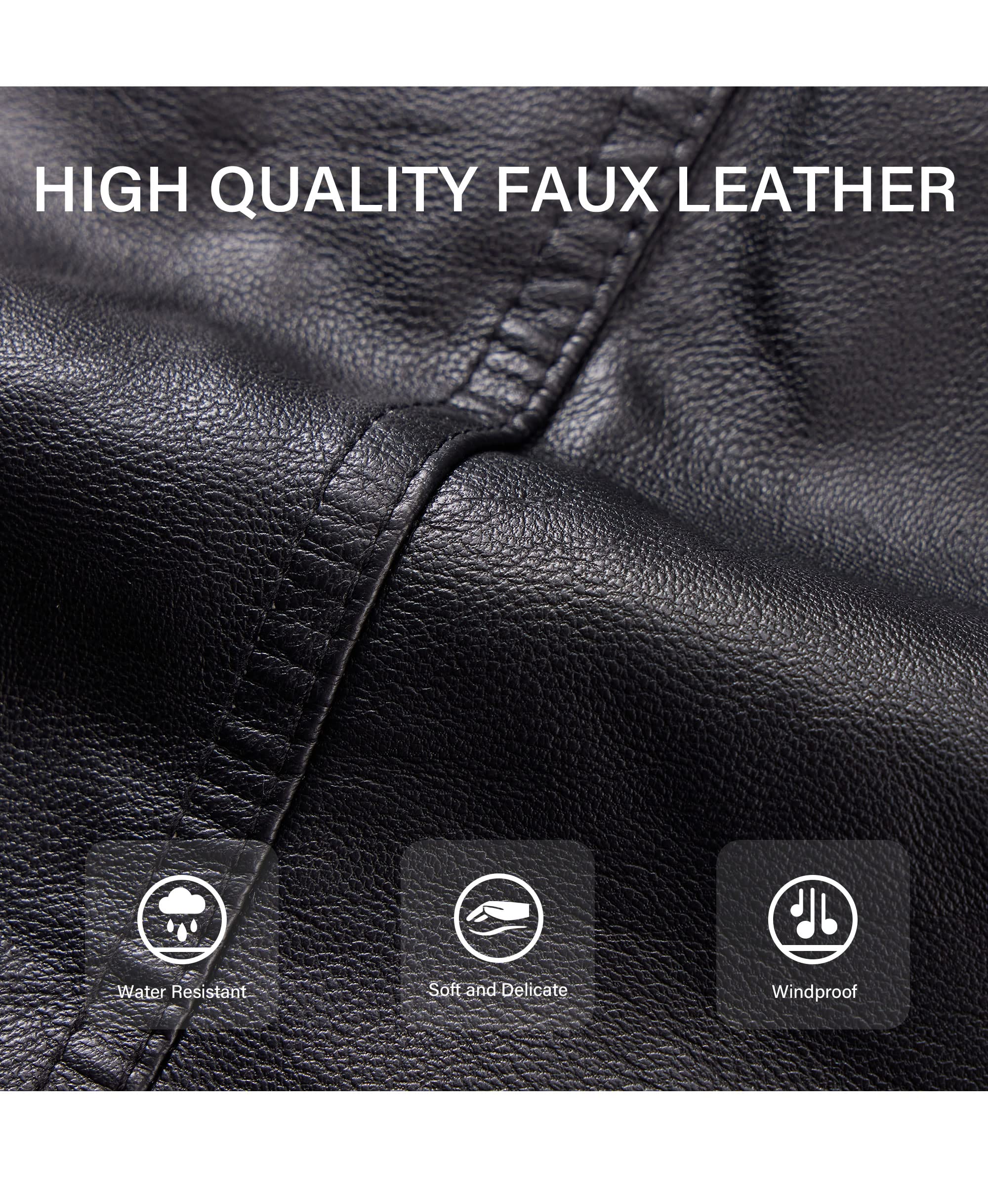 Bellivera Women's Faux Leather Short Jacket Moto Sherpa-Lined Belt Coat with Removable Fur Collar 9203 Black M