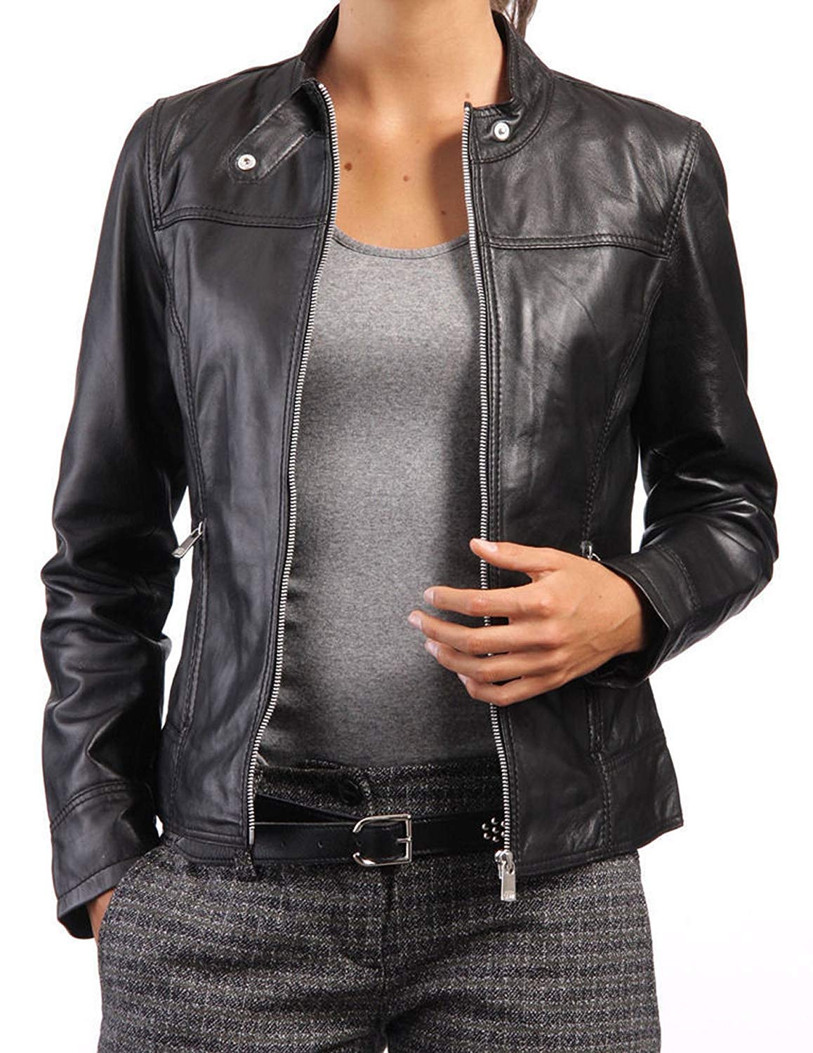 Price Right Women Genuine Lambskin Leather Slim Fit Cafe Racer Black Jacket Biker Coat (Black, Large)