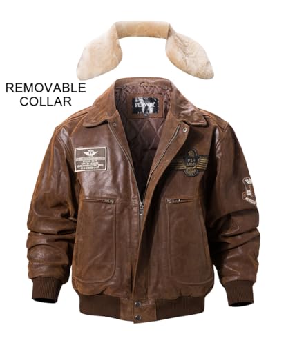 FLAVOR Men's Real Leather Bomber Jacket with Removable Fur Collar Aviator (Large, Brown)