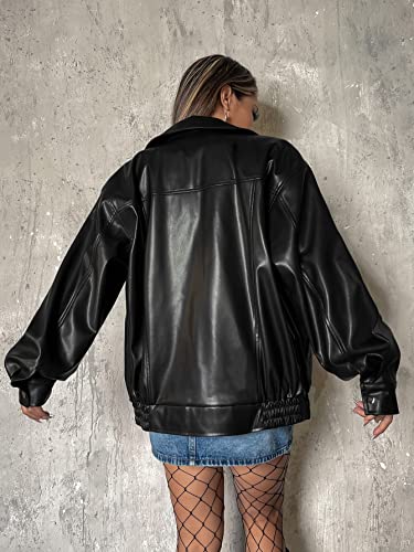 MakeMeChic Women's Faux Leather Jacket Casual Long Sleeve Collar Zip Up PU Leather Jacket Coat Black S
