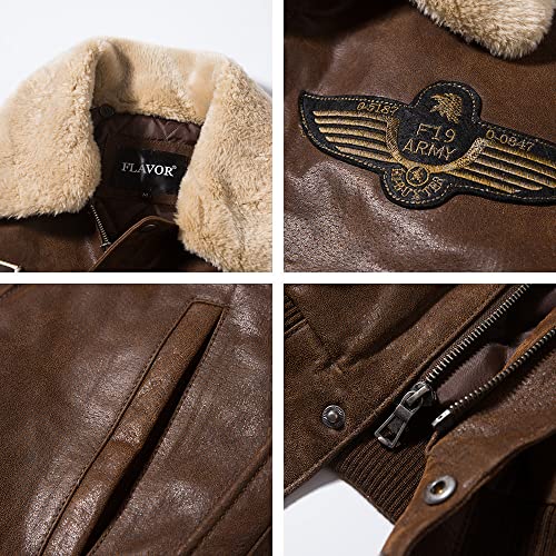 FLAVOR Men's Real Leather Bomber Jacket with Removable Fur Collar Aviator (Large, Brown)