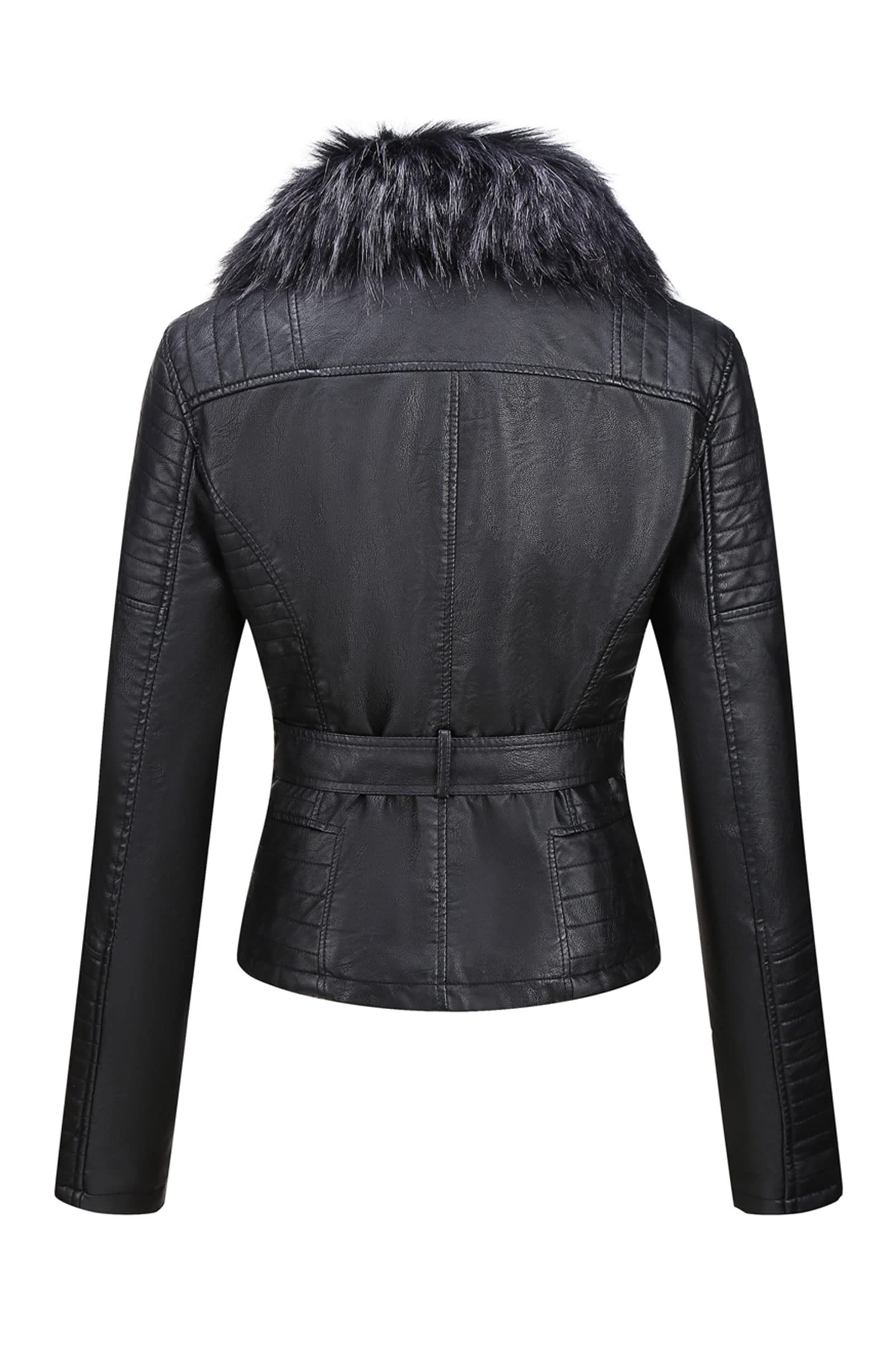 Bellivera Women's Faux Leather Short Jacket Moto Sherpa-Lined Belt Coat with Removable Fur Collar 9203 Black M