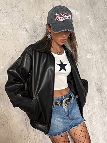 MakeMeChic Women's Faux Leather Jacket Casual Long Sleeve Collar Zip Up PU Leather Jacket Coat Black S