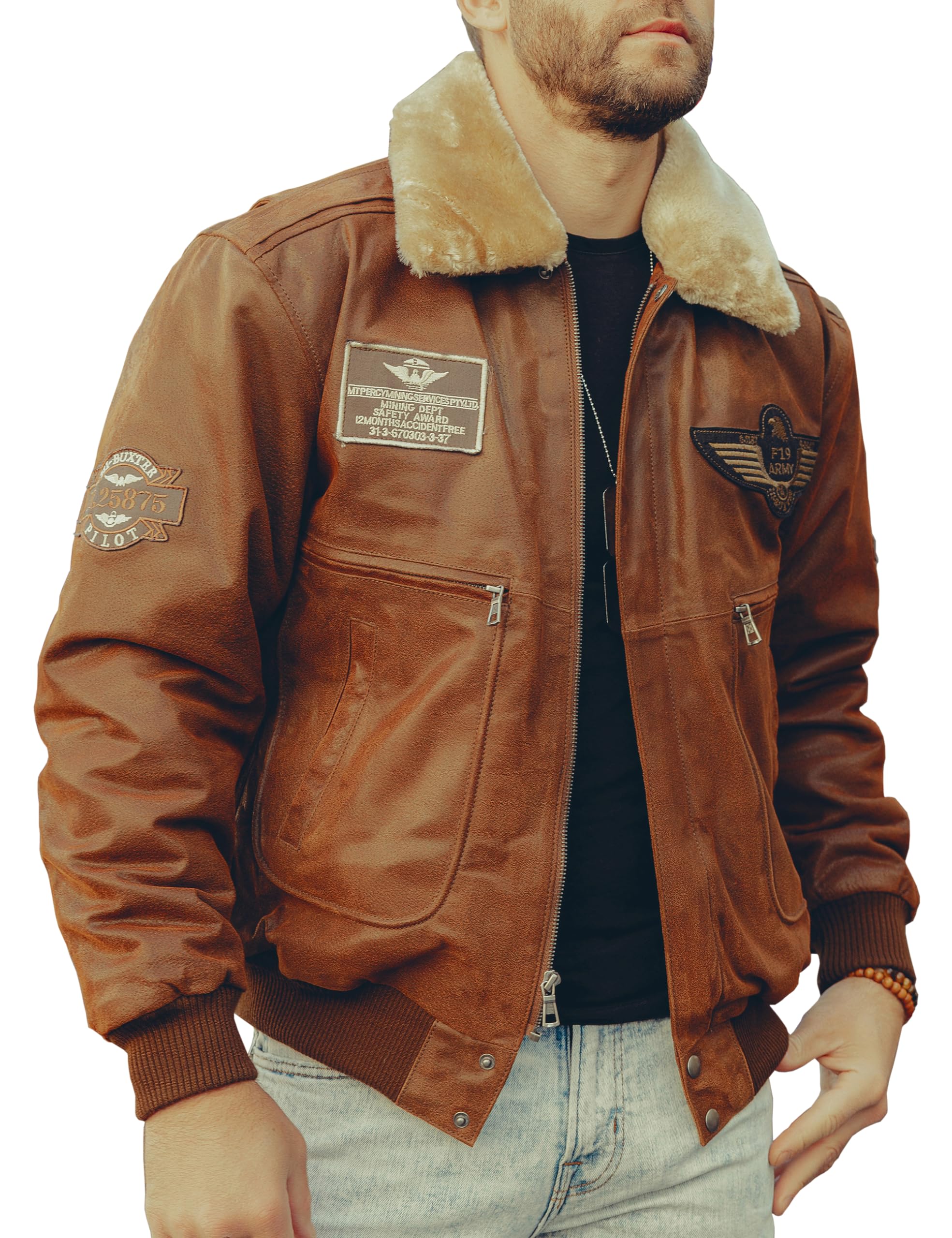 FLAVOR Men's Real Leather Bomber Jacket with Removable Fur Collar Aviator (Large, Brown)