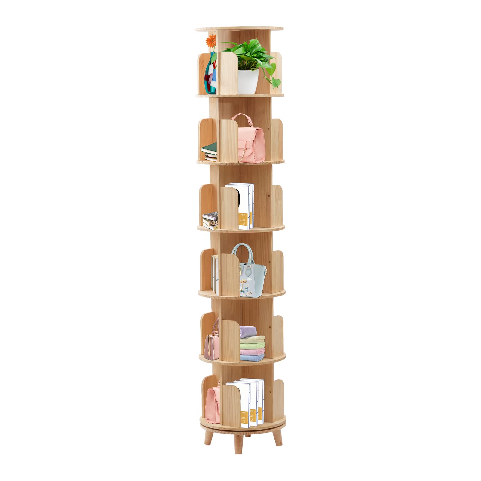 NOPTEG Rotating Bookshelf, 6 Tier Solid Wood 360 Display Floor Standing Bookcase Storage Rack, Free Standing Wood Bookcases for Kids&Adults Multi-Functional Bookshelf Organizer