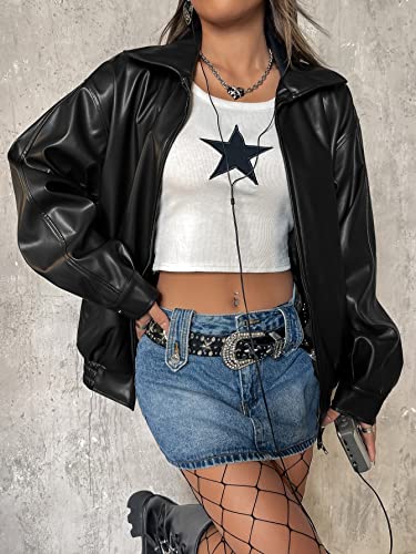 MakeMeChic Women's Faux Leather Jacket Casual Long Sleeve Collar Zip Up PU Leather Jacket Coat Black S