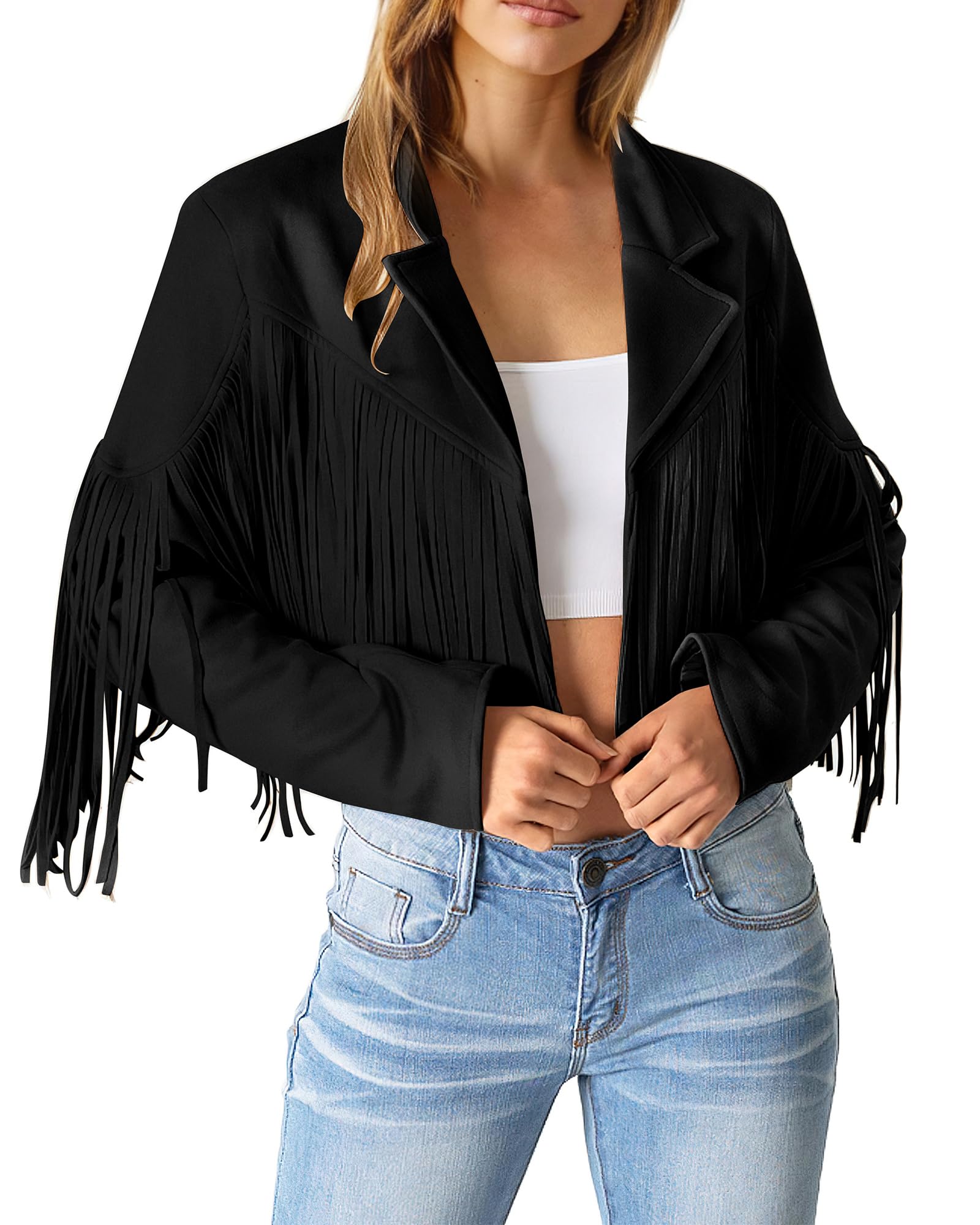 PRETTYGARDEN Women's Fringe Faux Suede Leather Jackets 2025 Fashion Tassel Motorcycle Cropped Coats (Black,Large)