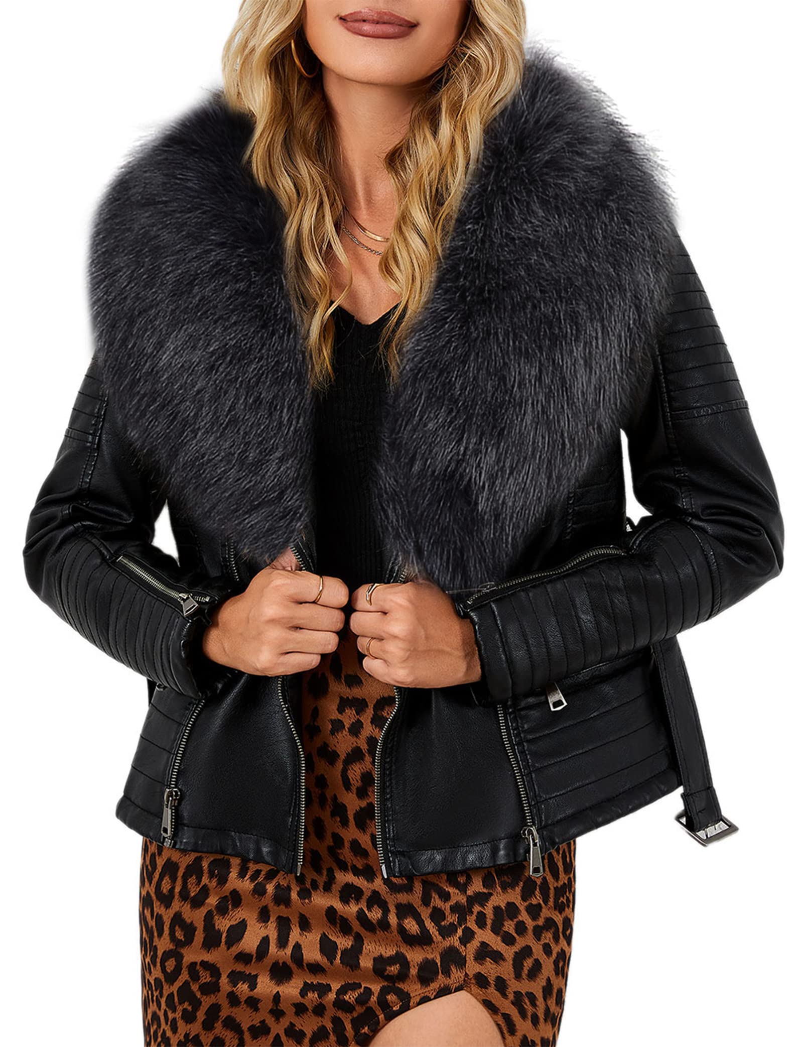 Bellivera Women's Faux Leather Short Jacket Moto Sherpa-Lined Belt Coat with Removable Fur Collar 9203 Black M