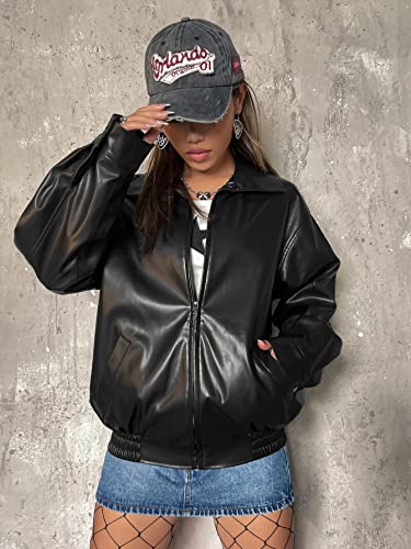 MakeMeChic Women's Faux Leather Jacket Casual Long Sleeve Collar Zip Up PU Leather Jacket Coat Black S