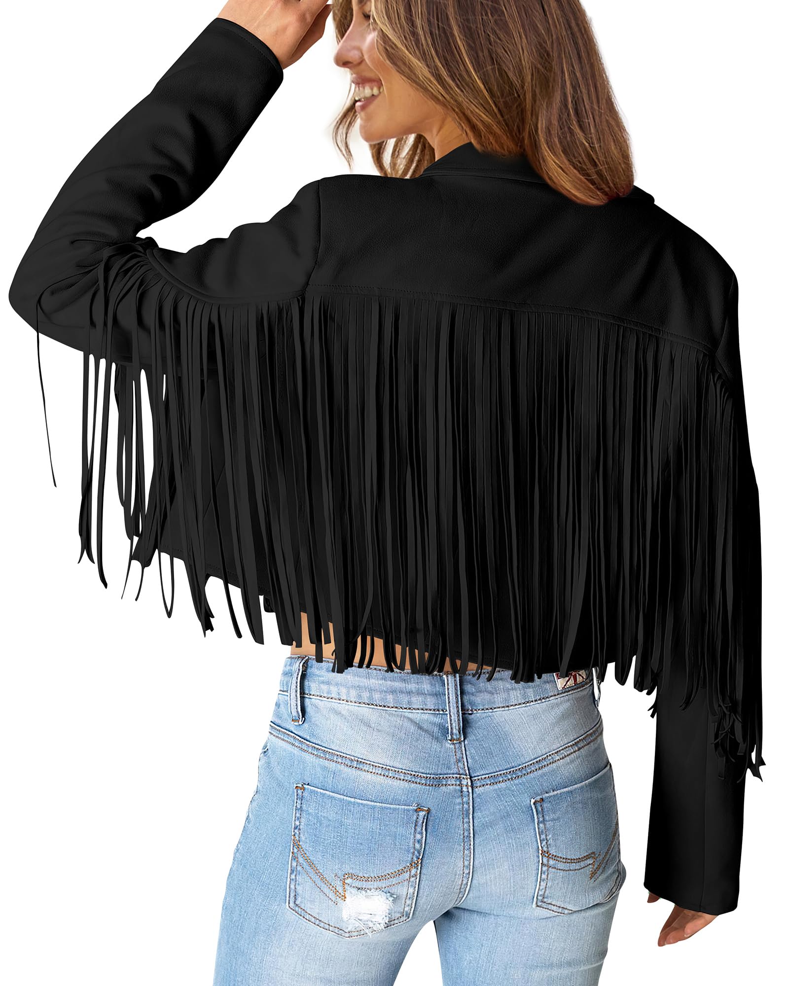 PRETTYGARDEN Women's Fringe Faux Suede Leather Jackets 2025 Fashion Tassel Motorcycle Cropped Coats (Black,Large)