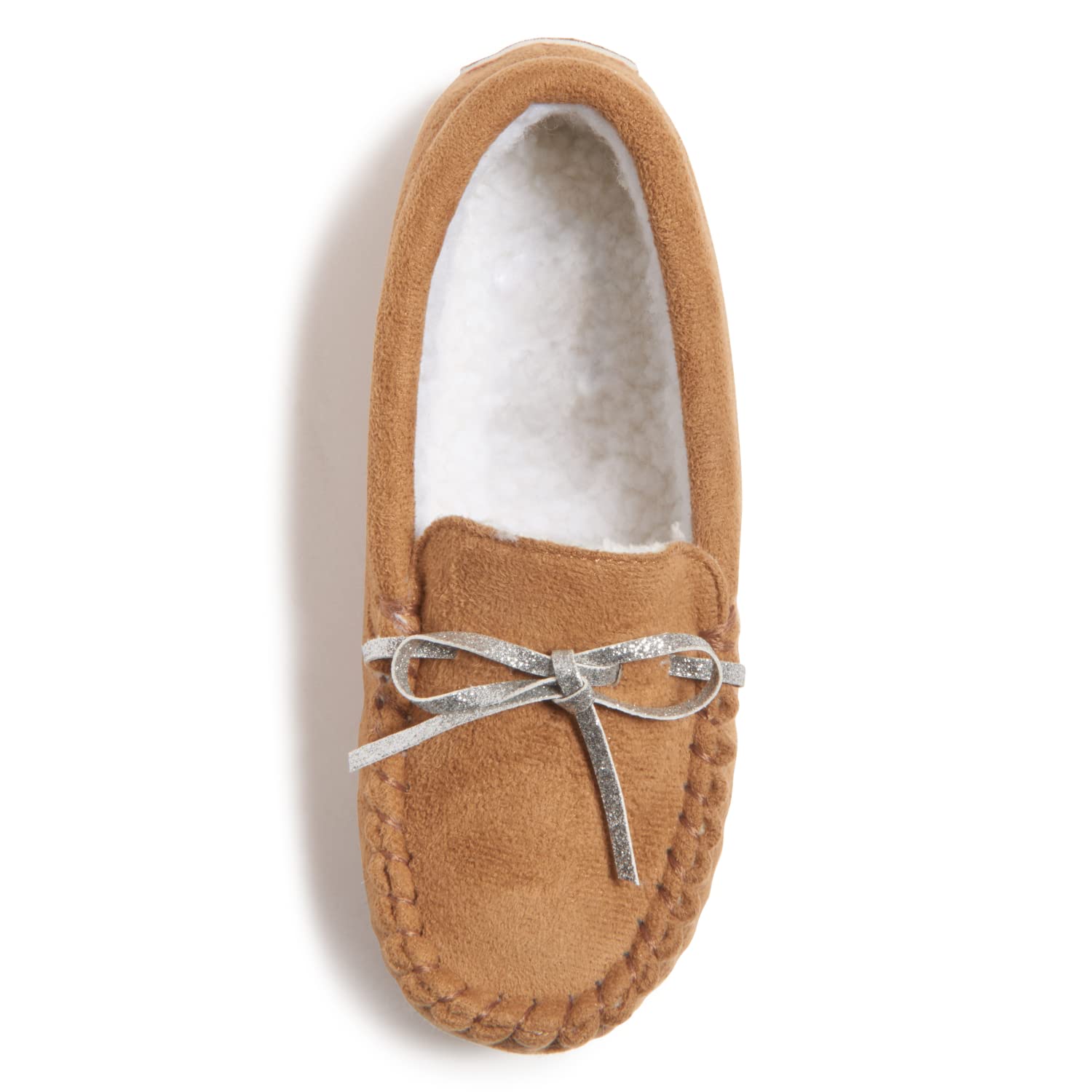 Lucky Brand Girls Plush Glitter Bow Moccasin Slippers, Rubber Sole Indoor Outdoor House Shoes, Kids Bedroom Slipper Moccasins, Tan, Size 2-3
