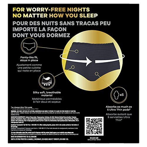 Always Zzzs Overnight Disposable Period Underwear For Women, Size Small/Medium, Black Period Panties, Leakproof, 7 Count x 2 Packs (14 Count total)