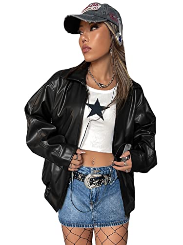 MakeMeChic Women's Faux Leather Jacket Casual Long Sleeve Collar Zip Up PU Leather Jacket Coat Black S