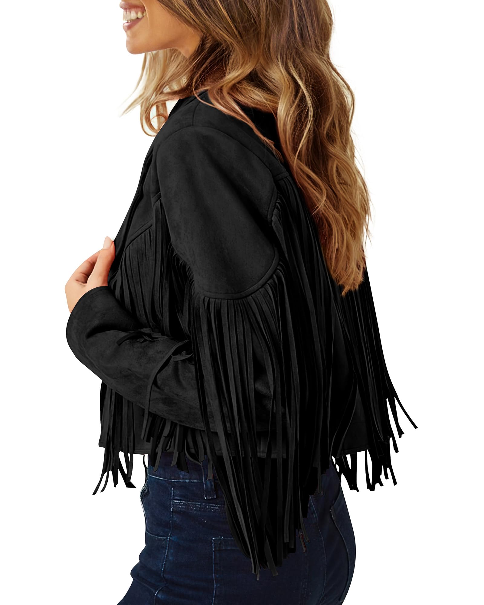PRETTYGARDEN Women's Fringe Faux Suede Leather Jackets 2025 Fashion Tassel Motorcycle Cropped Coats (Black,Large)