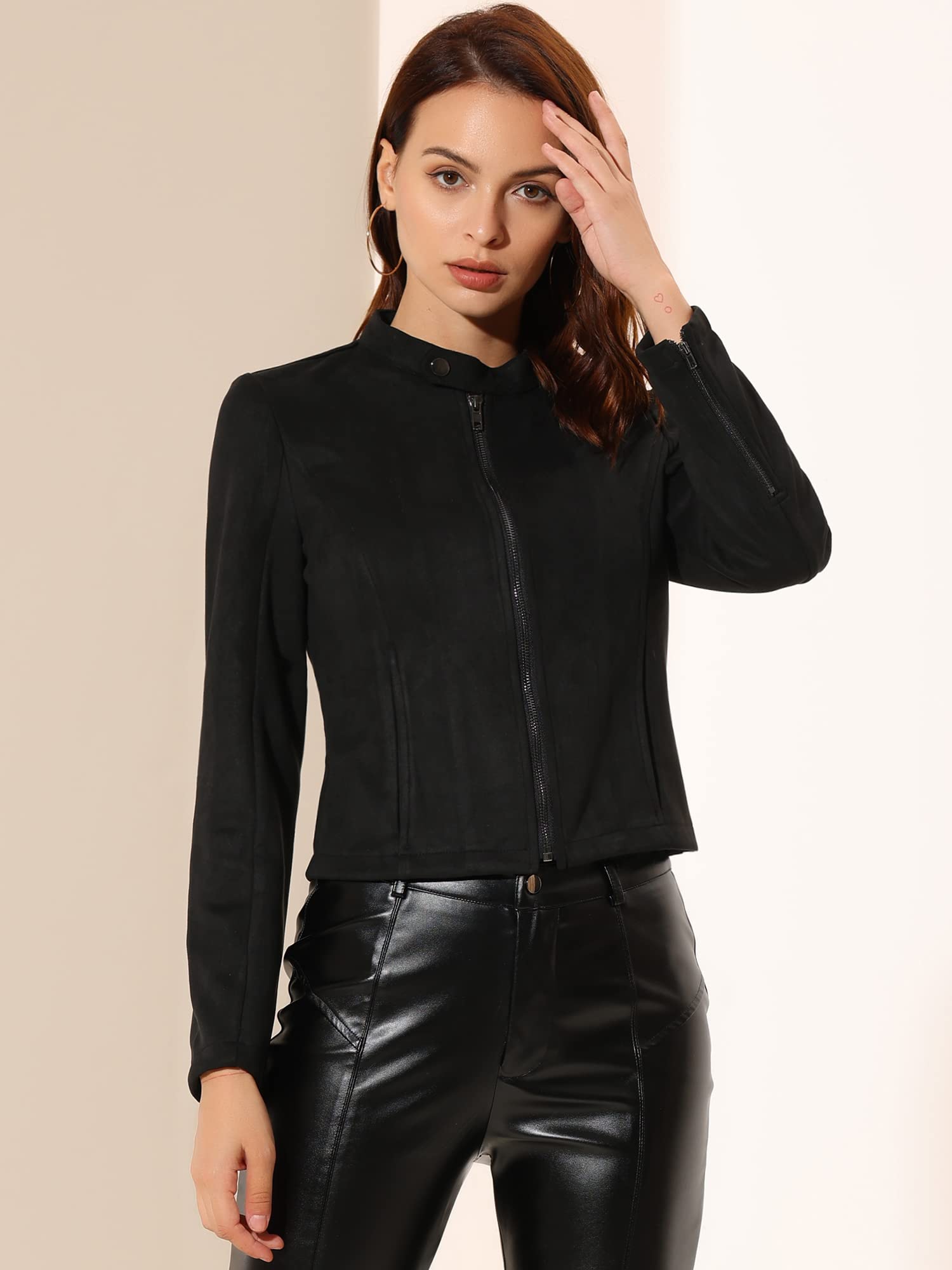 Allegra K Women's Faux Suede Jacket Stand Collar Zip Up Long Sleeve Motorcycle Biker Coat X-Large Black