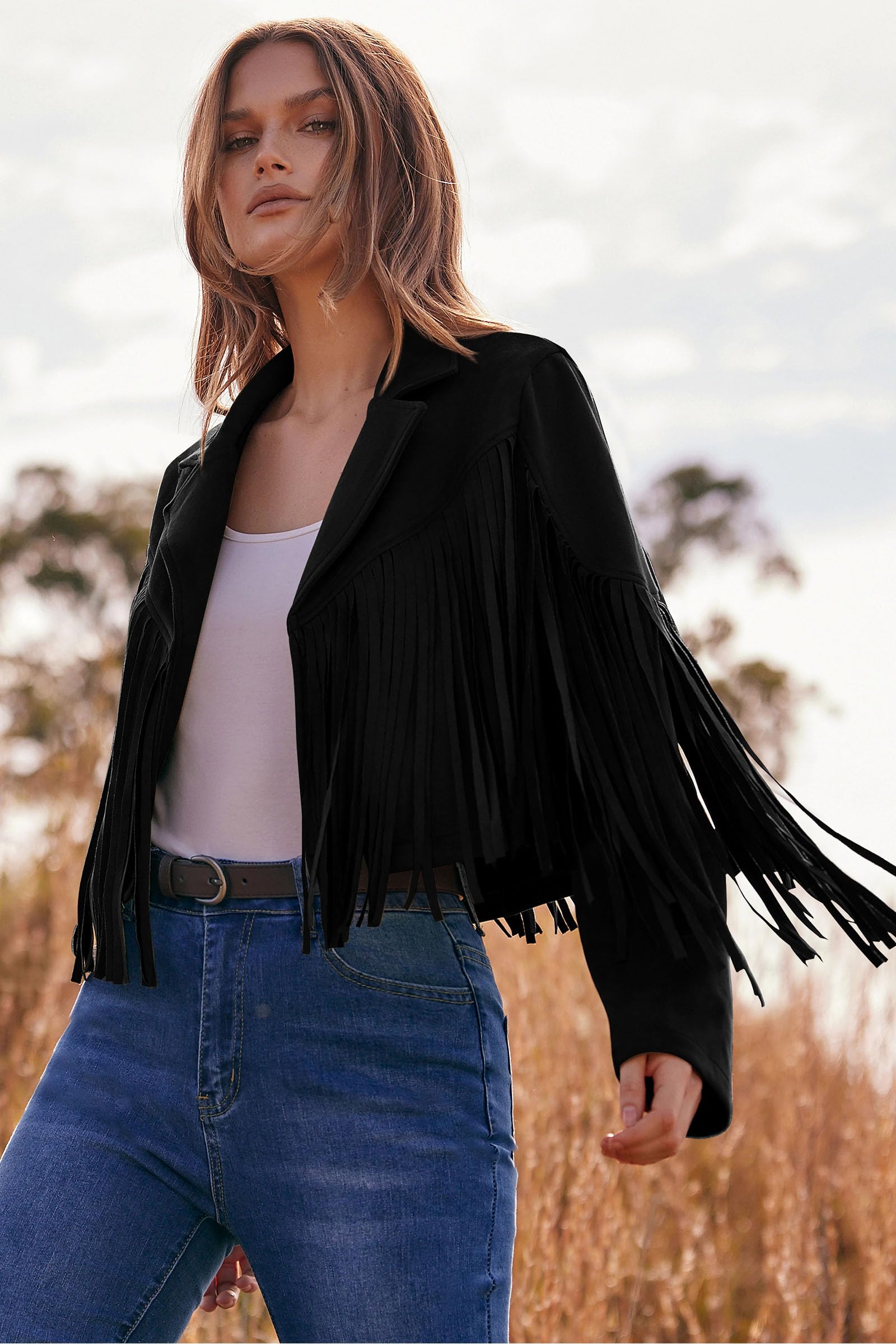 PRETTYGARDEN Women's Fringe Faux Suede Leather Jackets 2025 Fashion Tassel Motorcycle Cropped Coats (Black,Large)