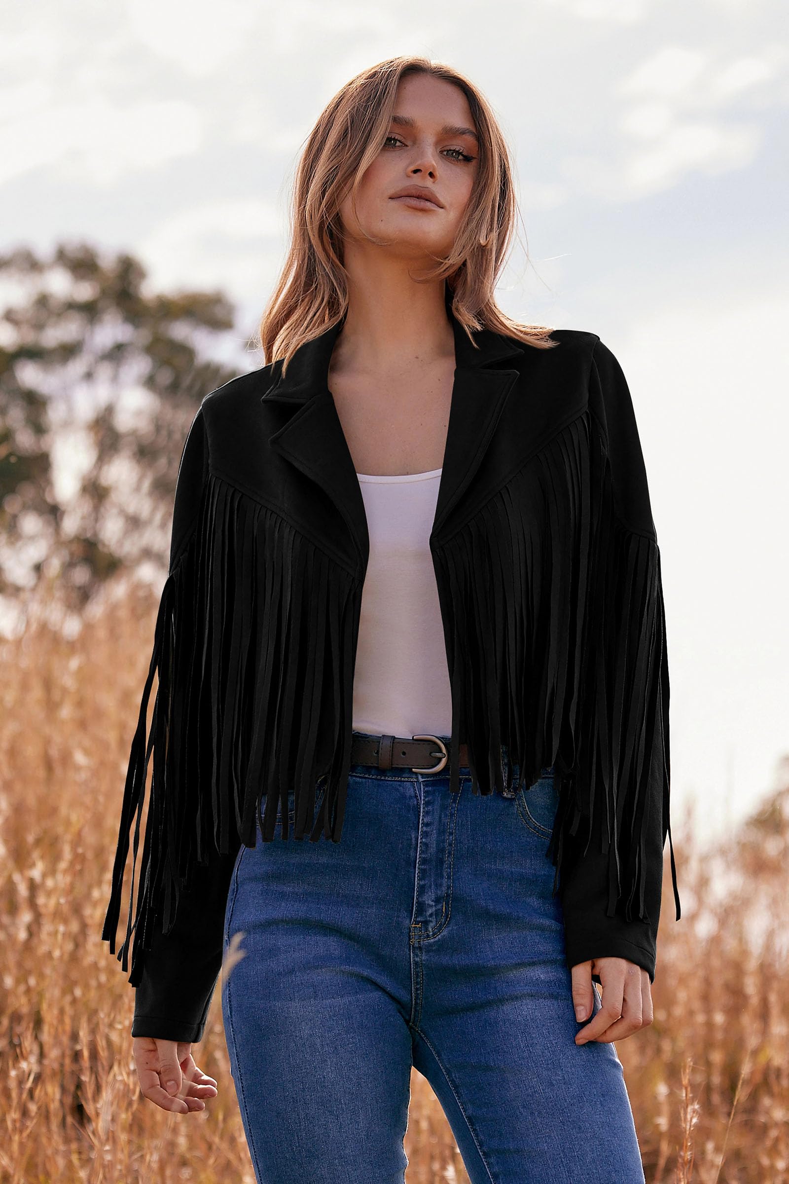 PRETTYGARDEN Women's Fringe Faux Suede Leather Jackets 2025 Fashion Tassel Motorcycle Cropped Coats (Black,Large)