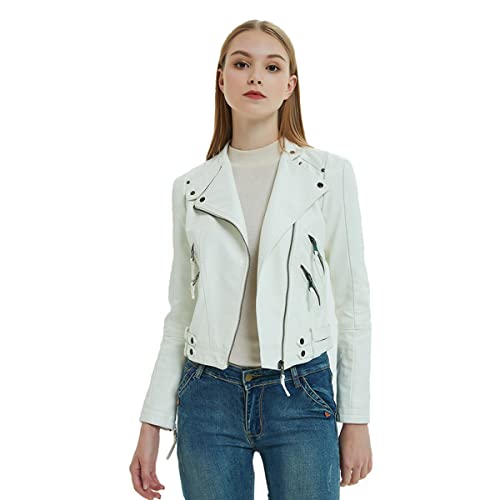 Gatti Women's Faux Leather Jackets Short Coats Slim Zipper Jacket White S