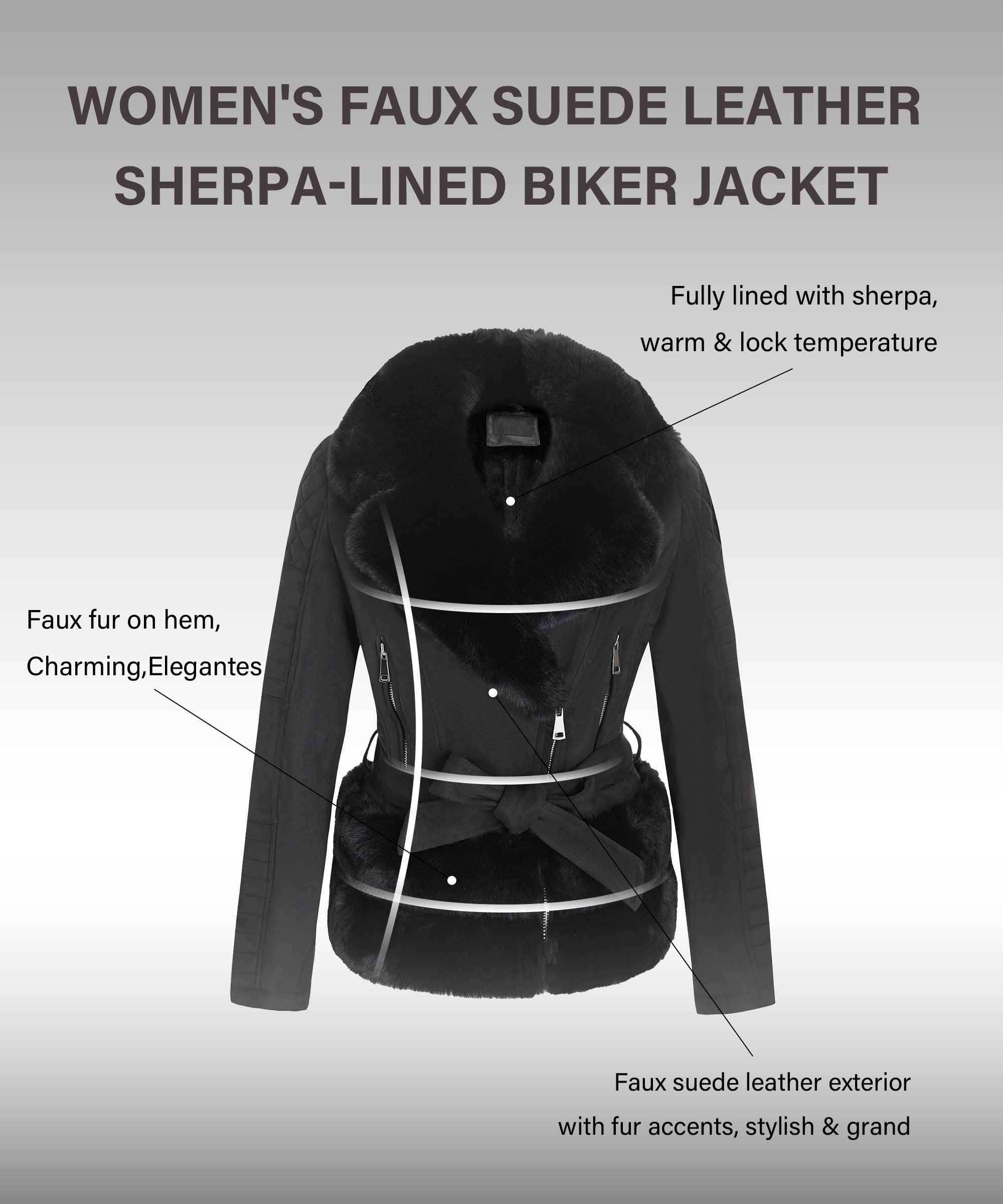 Bellivera Women Faux Suede Leather Jacket Motorcycle Short Coat Biker PU Sherpa-Lined Overcoat 8831A Black L