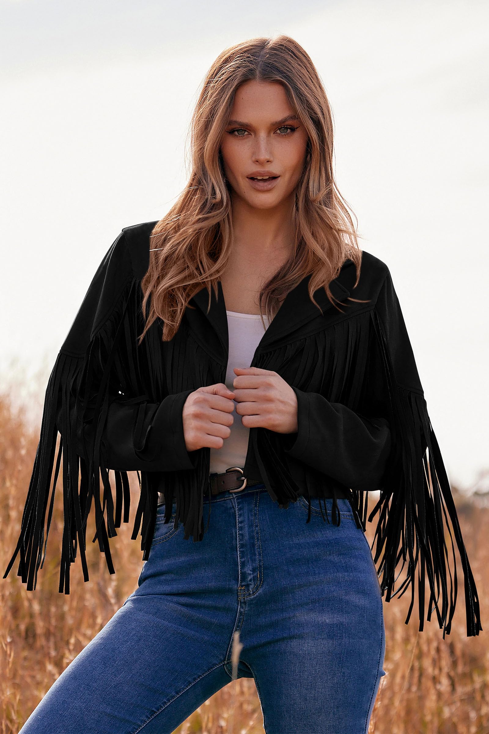 PRETTYGARDEN Women's Fringe Faux Suede Leather Jackets 2025 Fashion Tassel Motorcycle Cropped Coats (Black,Large)