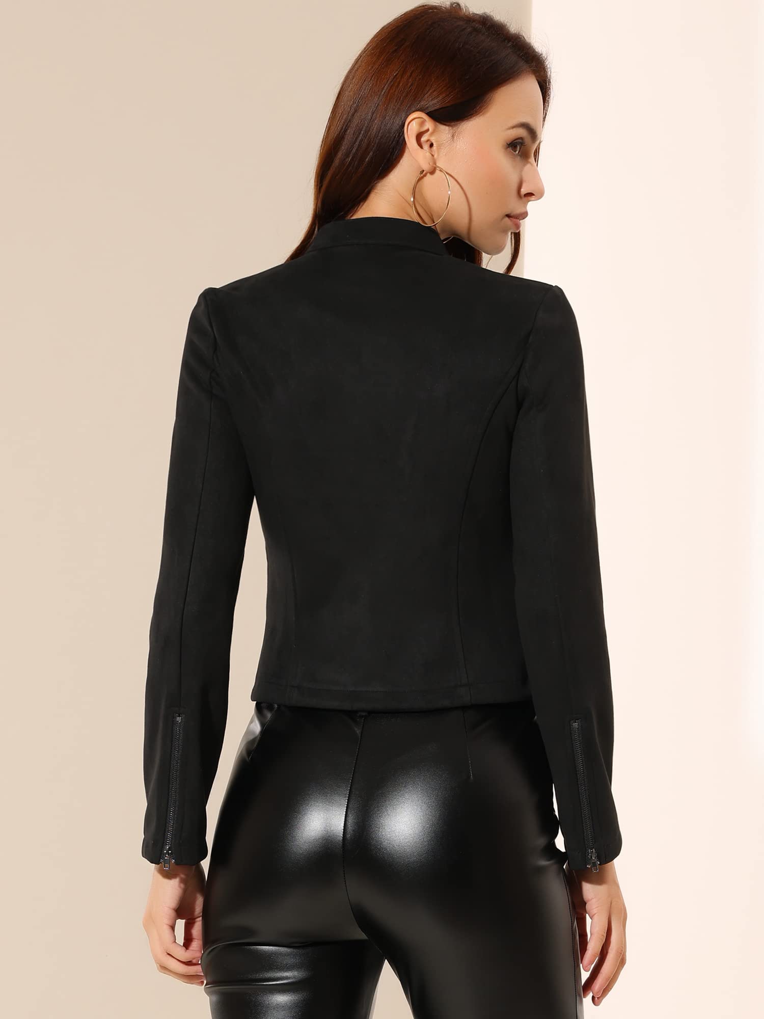 Allegra K Women's Faux Suede Jacket Stand Collar Zip Up Long Sleeve Motorcycle Biker Coat X-Large Black