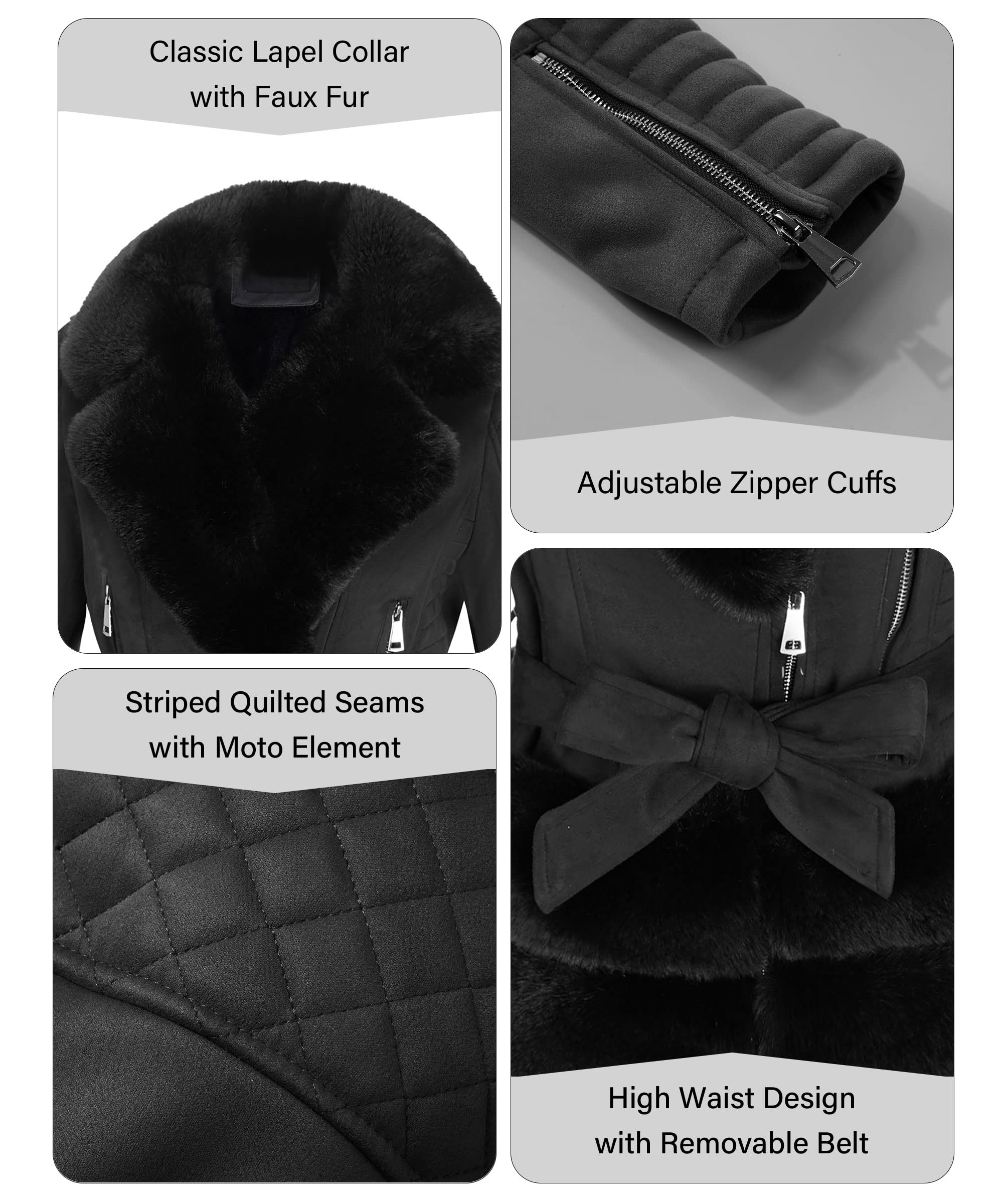 Bellivera Women Faux Suede Leather Jacket Motorcycle Short Coat Biker PU Sherpa-Lined Overcoat 8831A Black L