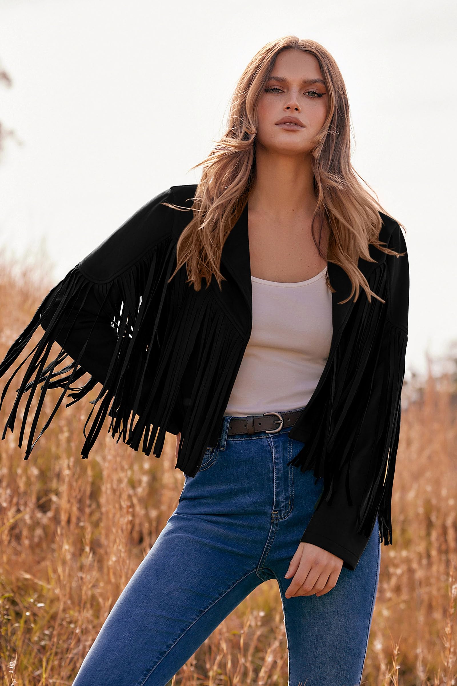 PRETTYGARDEN Women's Fringe Faux Suede Leather Jackets 2025 Fashion Tassel Motorcycle Cropped Coats (Black,Large)
