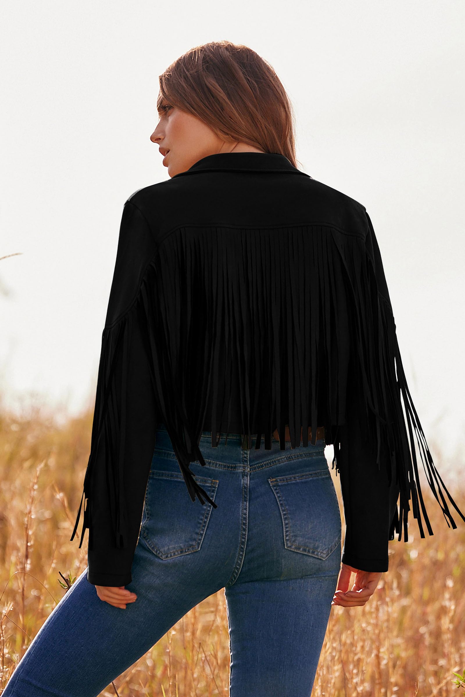 PRETTYGARDEN Women's Fringe Faux Suede Leather Jackets 2025 Fashion Tassel Motorcycle Cropped Coats (Black,Large)
