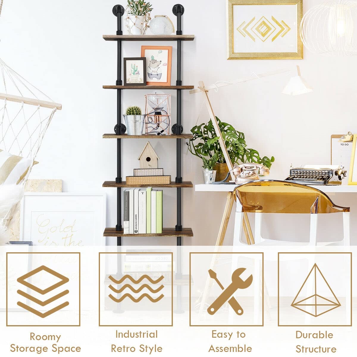 Liviza 6-Tier Pipe Wall Mounted Shelf, Rustic Vintage Industrial Bookcase, Wood Storage Bookshelf for Living Room, Apartment, Small Space