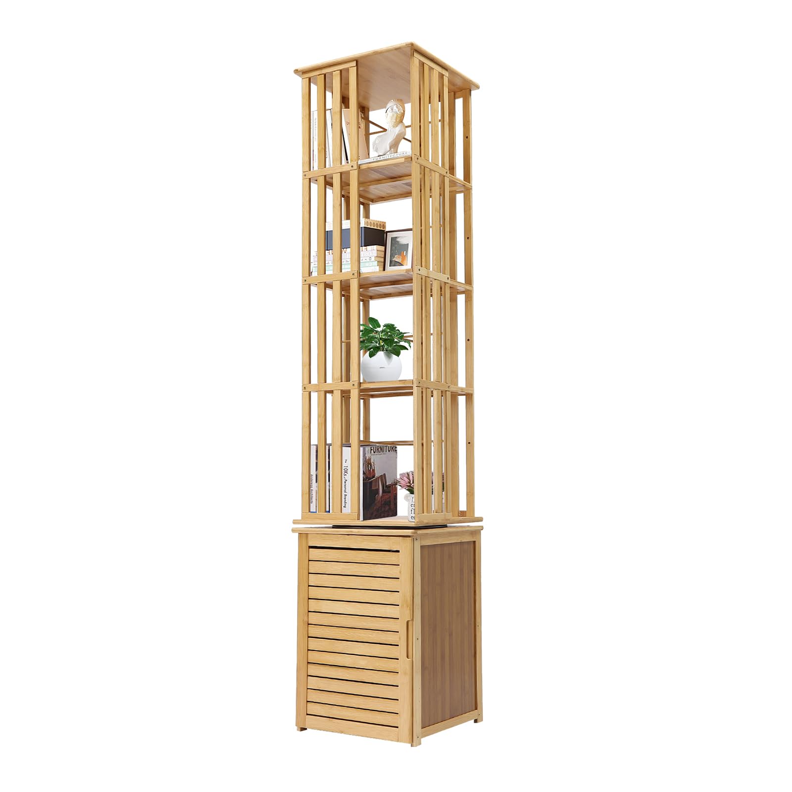 ATOLOMOTOR 6-Tier Corner Book Shelf Storage Display Rack,360° Rotating Tall Bamboo Bookshelf Floor Standing Shelves with Shutter Door for Home Office Living Room Study Room Brown Organizer