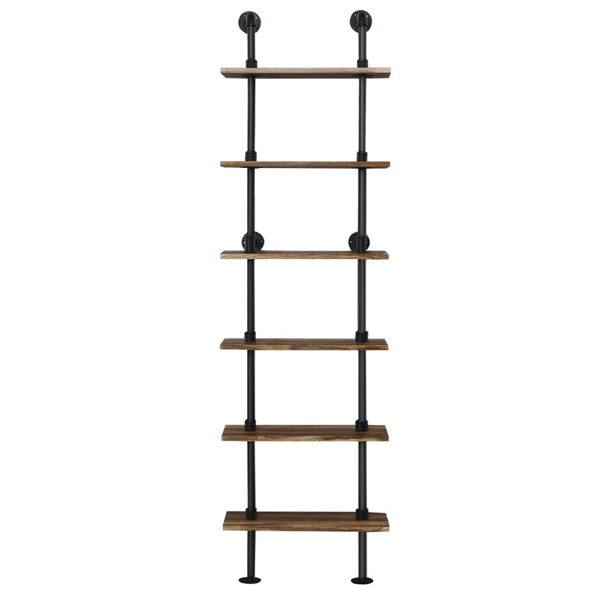 Liviza 6-Tier Pipe Wall Mounted Shelf, Rustic Vintage Industrial Bookcase, Wood Storage Bookshelf for Living Room, Apartment, Small Space