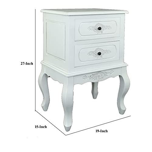 Benjara Mary 27 Inch Classic Wood Square Cabinet Table, 2 Drawers, Floral, White