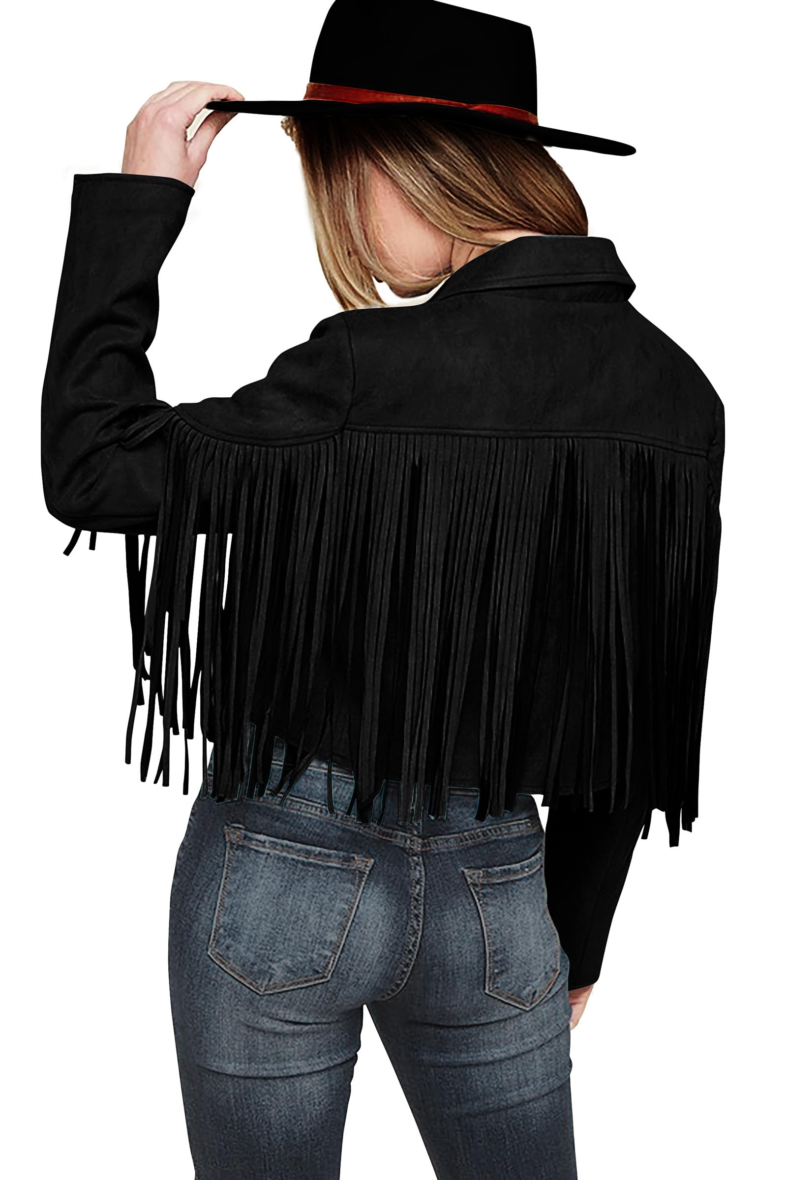 PRETTYGARDEN Women's Fringe Faux Suede Leather Jackets 2025 Fashion Tassel Motorcycle Cropped Coats (Black,Large)