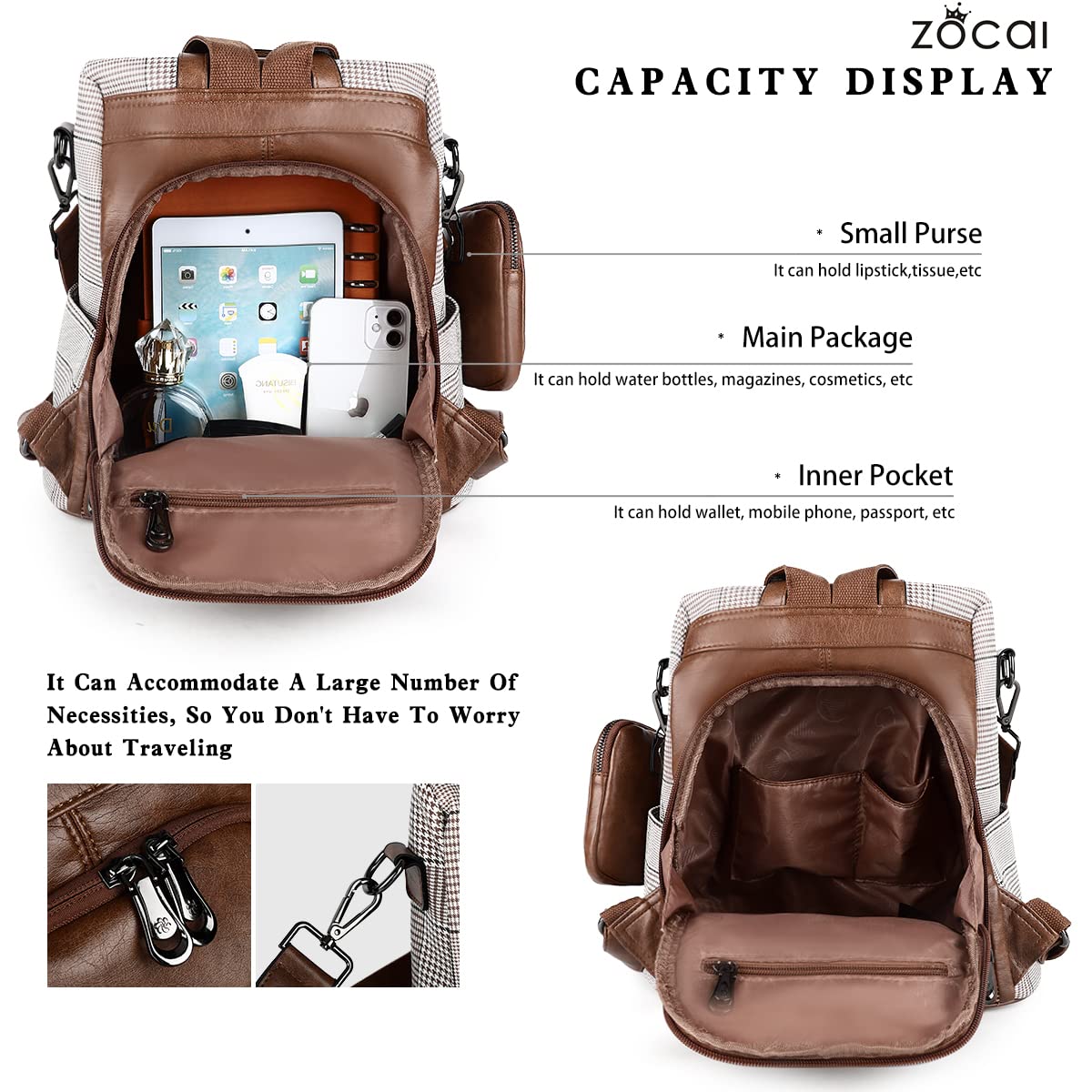 ZOCAI Backpack Purse for Women Fashion Backpack Purses PU Leather Daypacks Anti-Theft Shoulder Bag Satchel Purse(Brown)