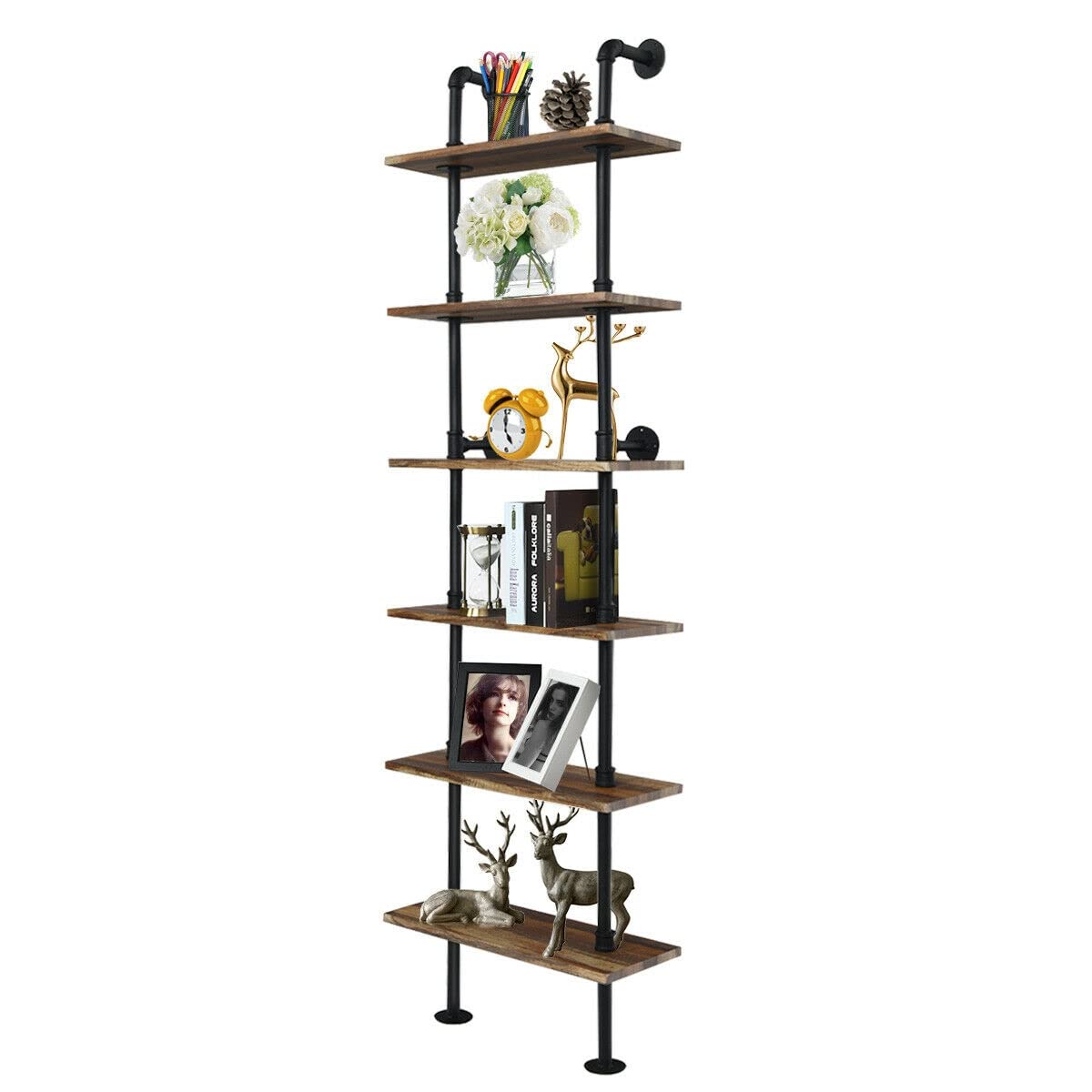Liviza 6-Tier Pipe Wall Mounted Shelf, Rustic Vintage Industrial Bookcase, Wood Storage Bookshelf for Living Room, Apartment, Small Space